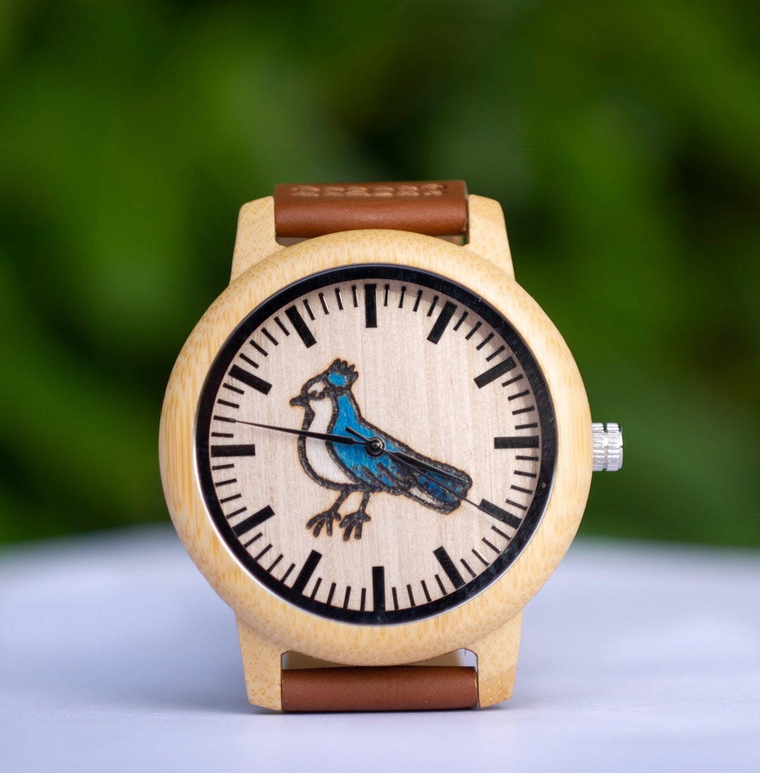 Blue Jay Bird Watch Quartz Analog Wristwatch Bamboo Wood Genuine ...