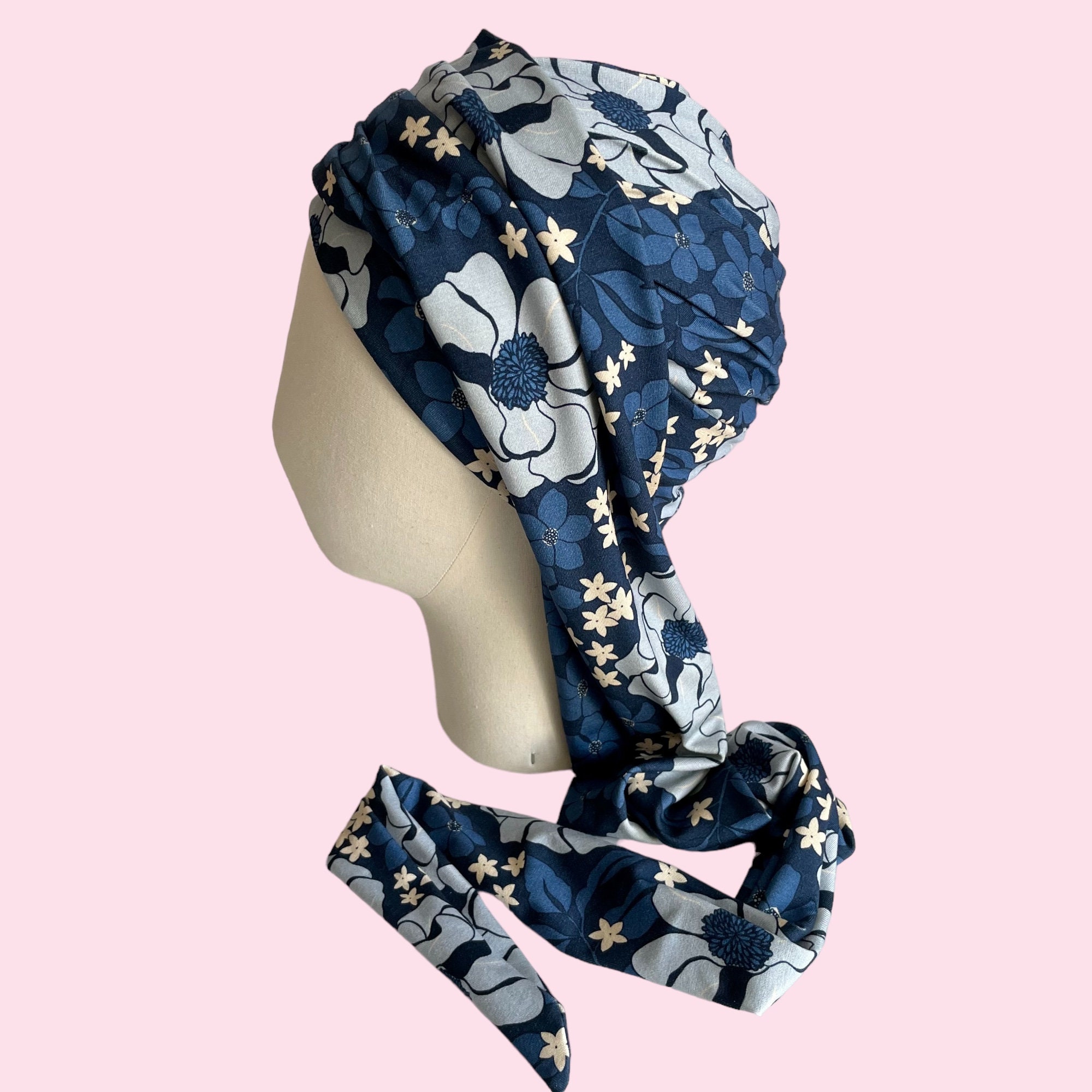 Woman Turban in Blue French Jersey With Flowers - Etsy