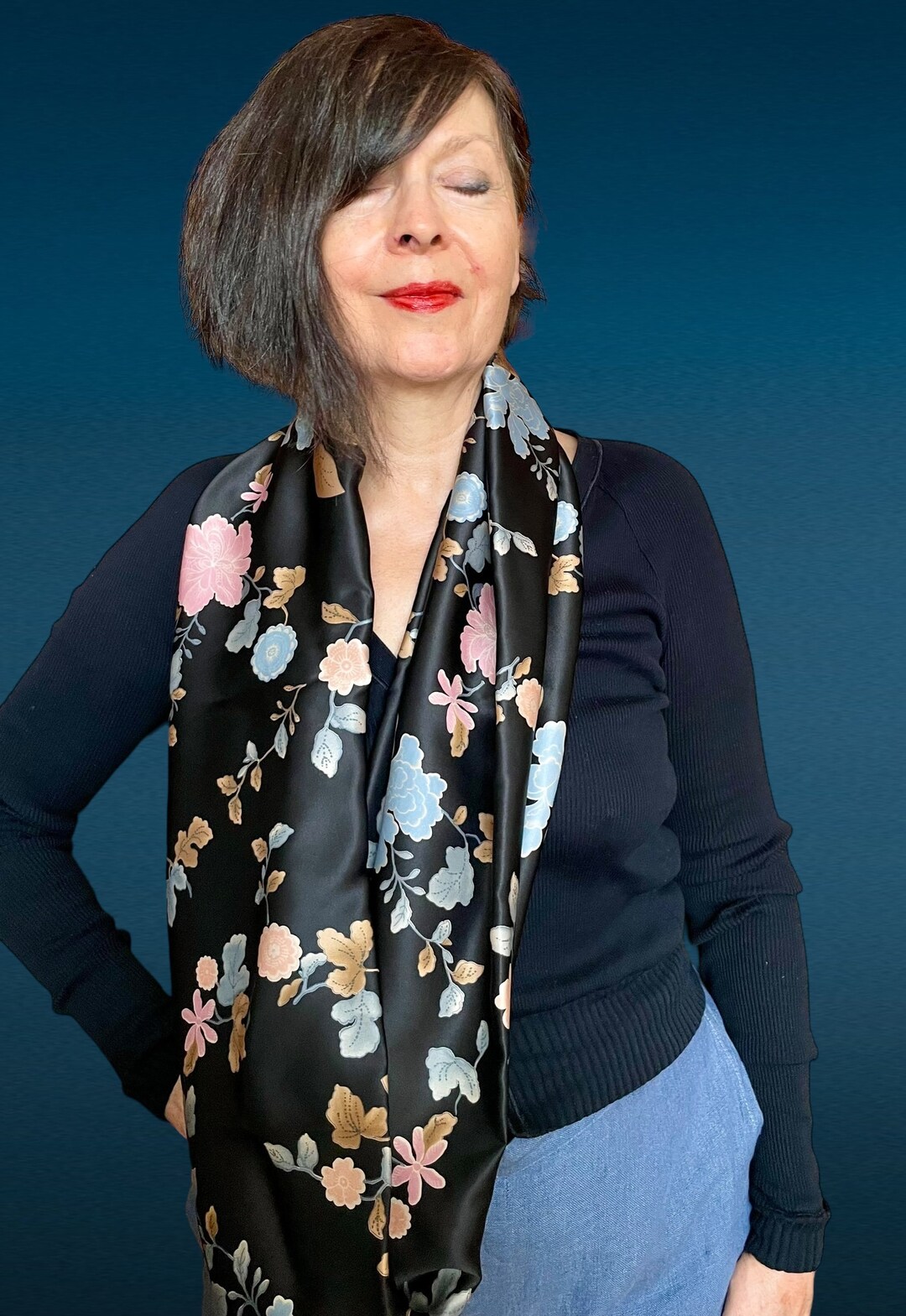 Tubular Scarf in Black SILK Satin With Flowers, Made in Lyon - Etsy