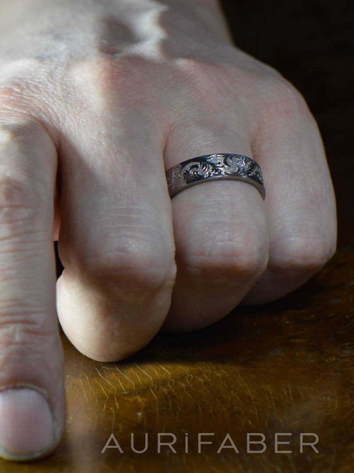 Hand Engraved Titanium Ring. Handmade Titanium Scroll Ring - Etsy