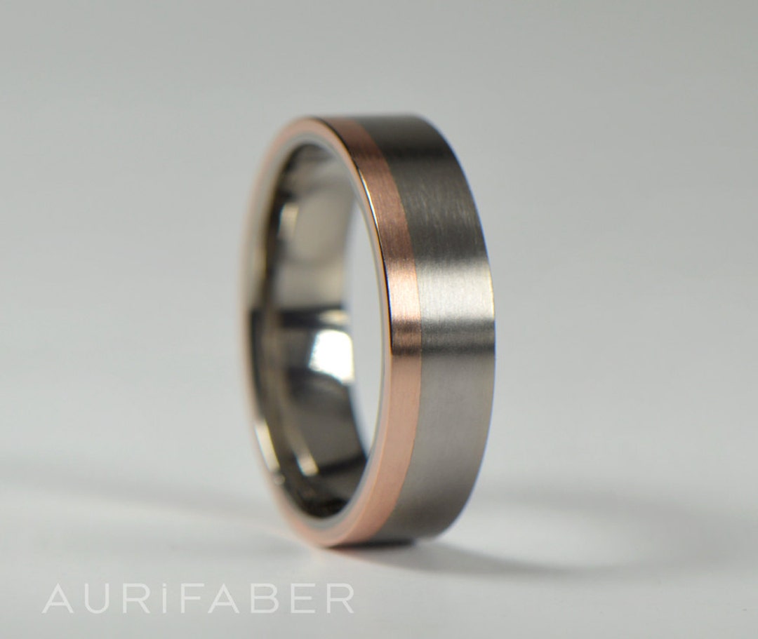 Flat Titanium Ring With Red Rosé Gold Stripe Band. Matte Titanium Ring ...