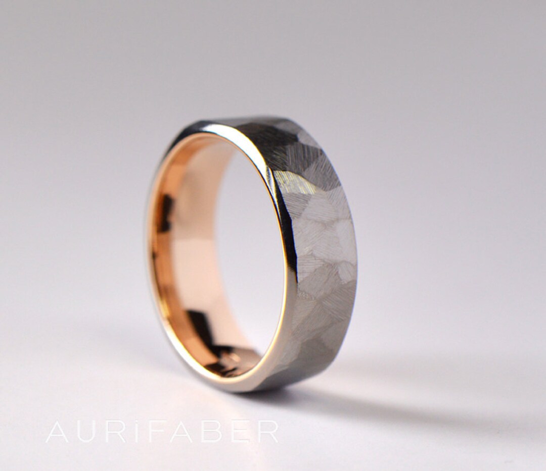 Forged Titanium Ring With Gold Inside. Rough Surface Titanium Band With ...