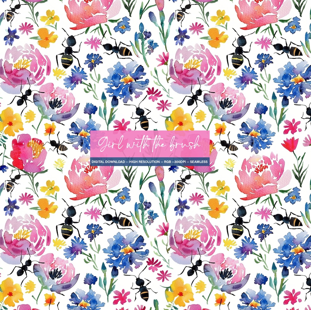Printable Ant Floral Watercolor Print, Cute Ants Pattern, Seamless ...