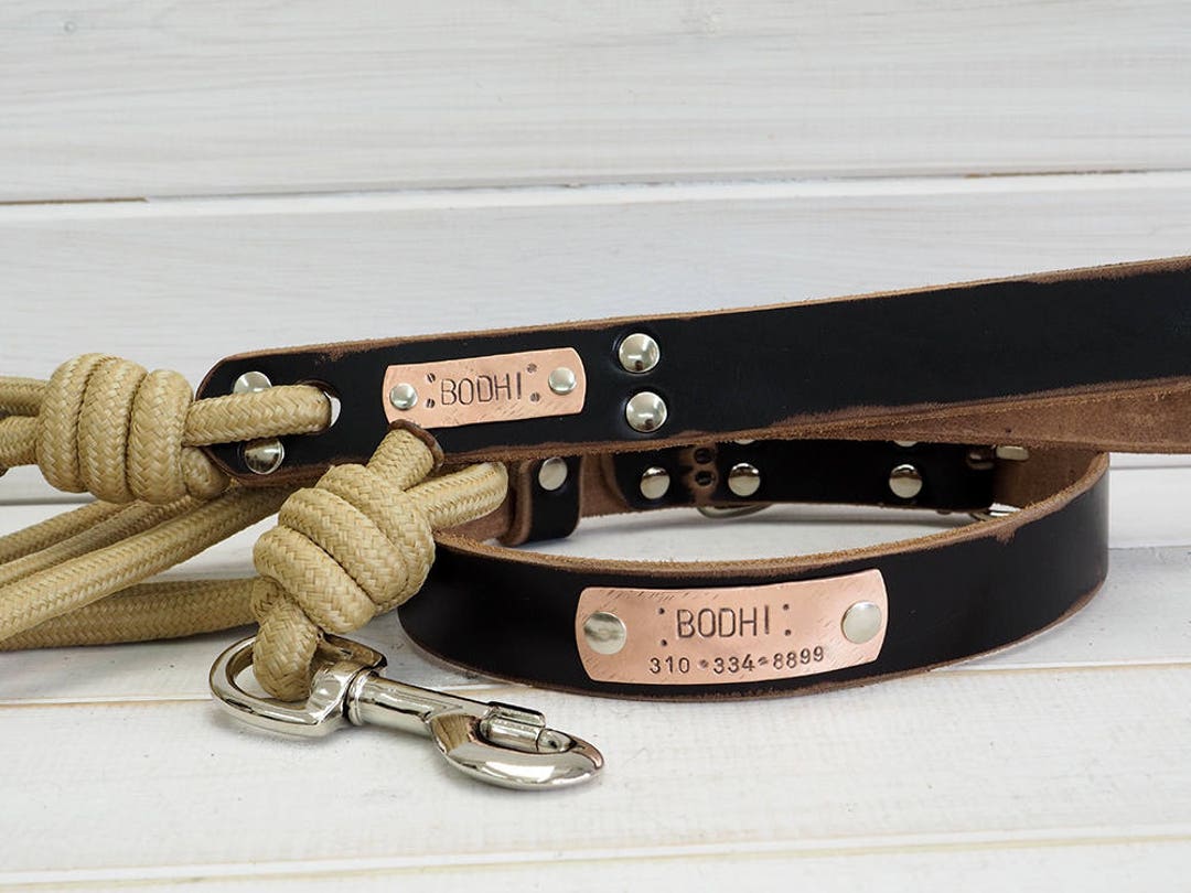 Handmade Leather Dog Collar & Leash Set: Black Leather, Strong Rope - Etsy