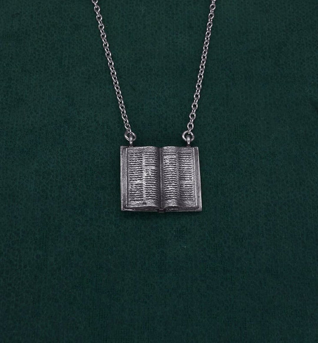 Small Open Old Book Necklace, Manuscript Grimoire or Codex, Fine Details With Initials, Jewelry ...