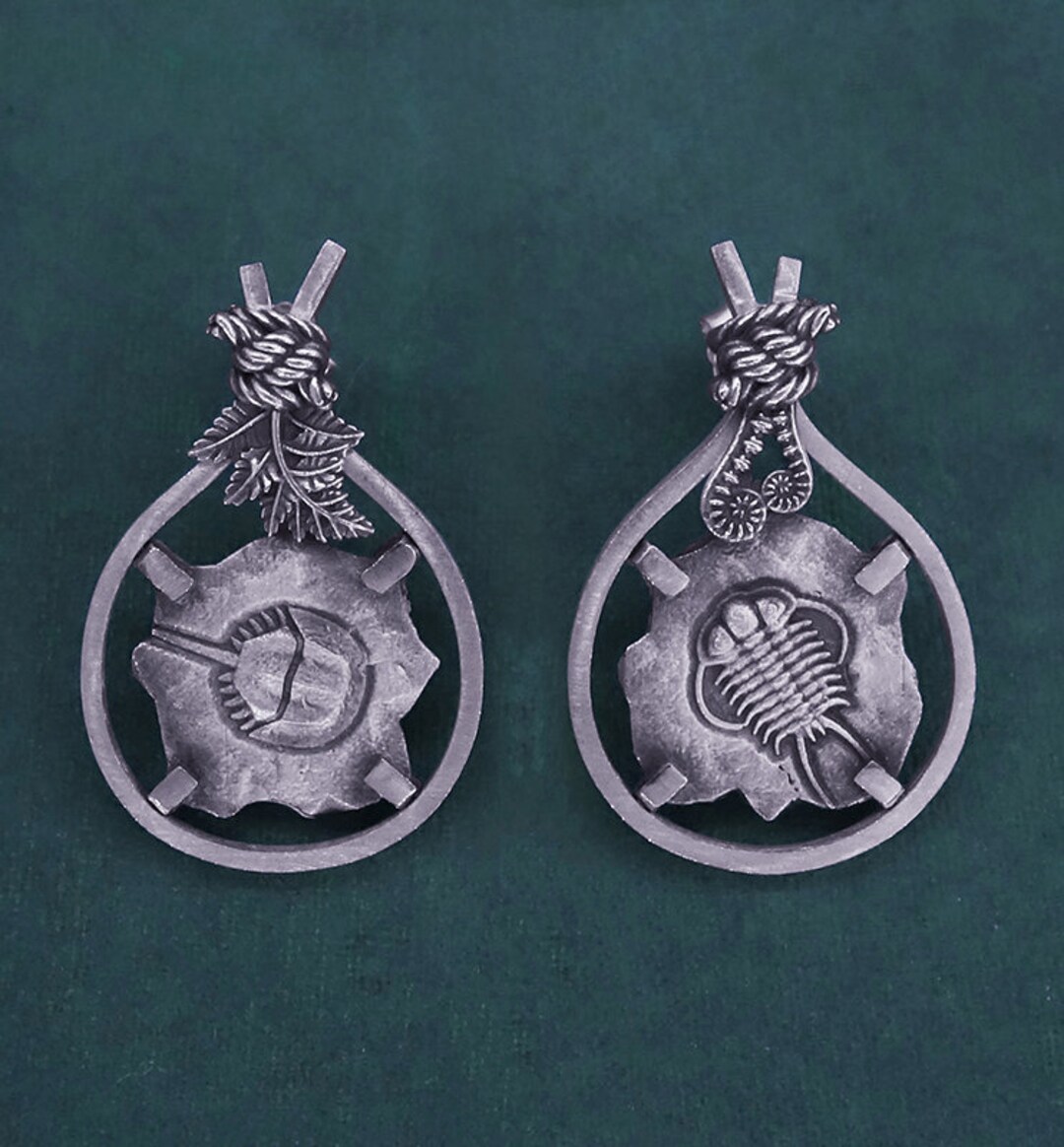 Horseshoe Crab and Trilobite Fossil Earrings, With Fern Leaves, 925 ...