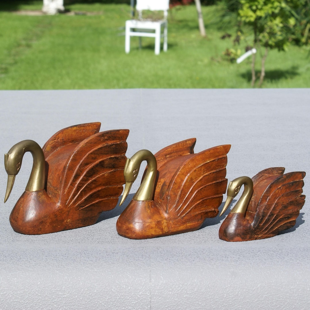 Three Wood Swan Statuettes With Brass Necks and Heads Vintage Bird ...