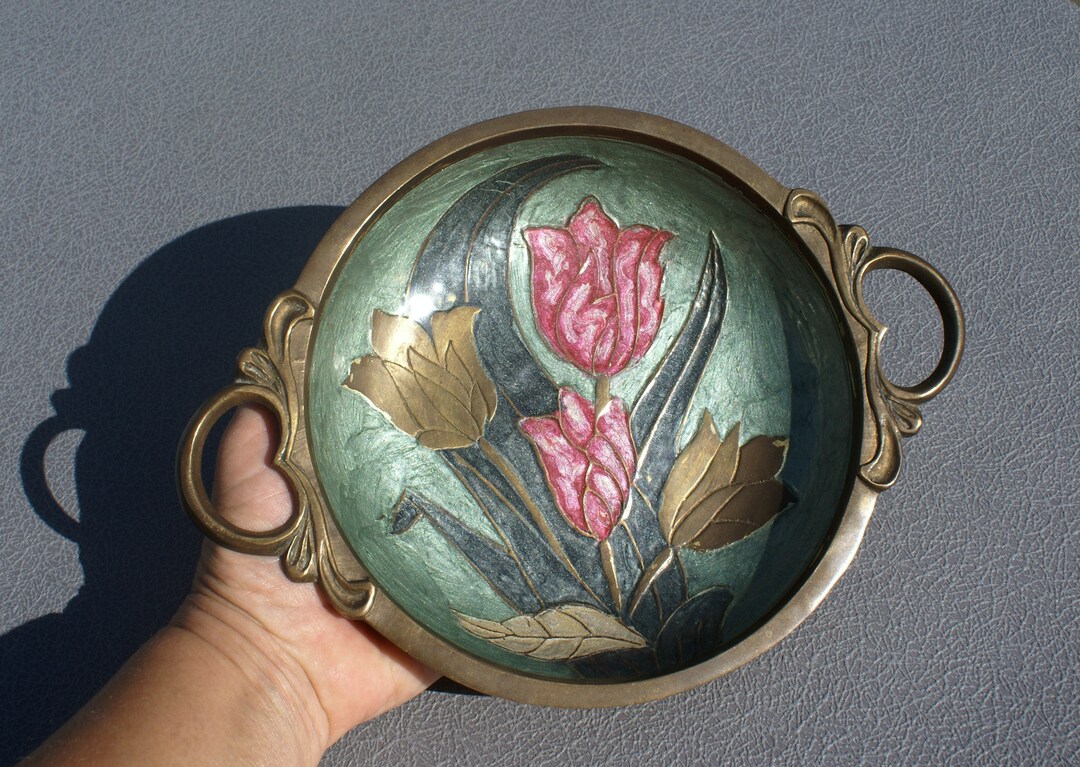 Vintage Bronze Tray With Tulips Hand Painted Plate With Handles Art ...