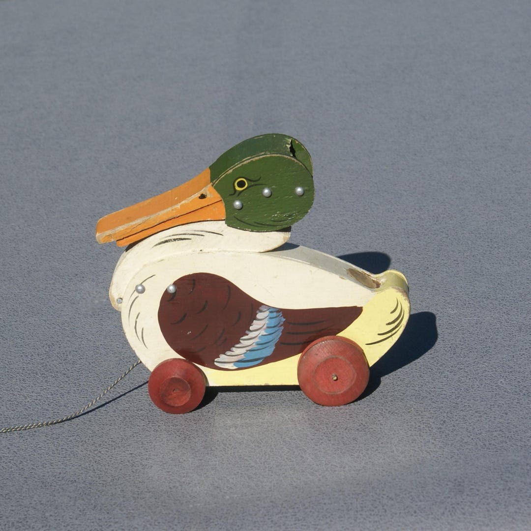 Vintage Wooden Duck Pull Toy on Wheels Old Painted Duck Pull Along Duck Nostalgia Toys Wood Bird ...