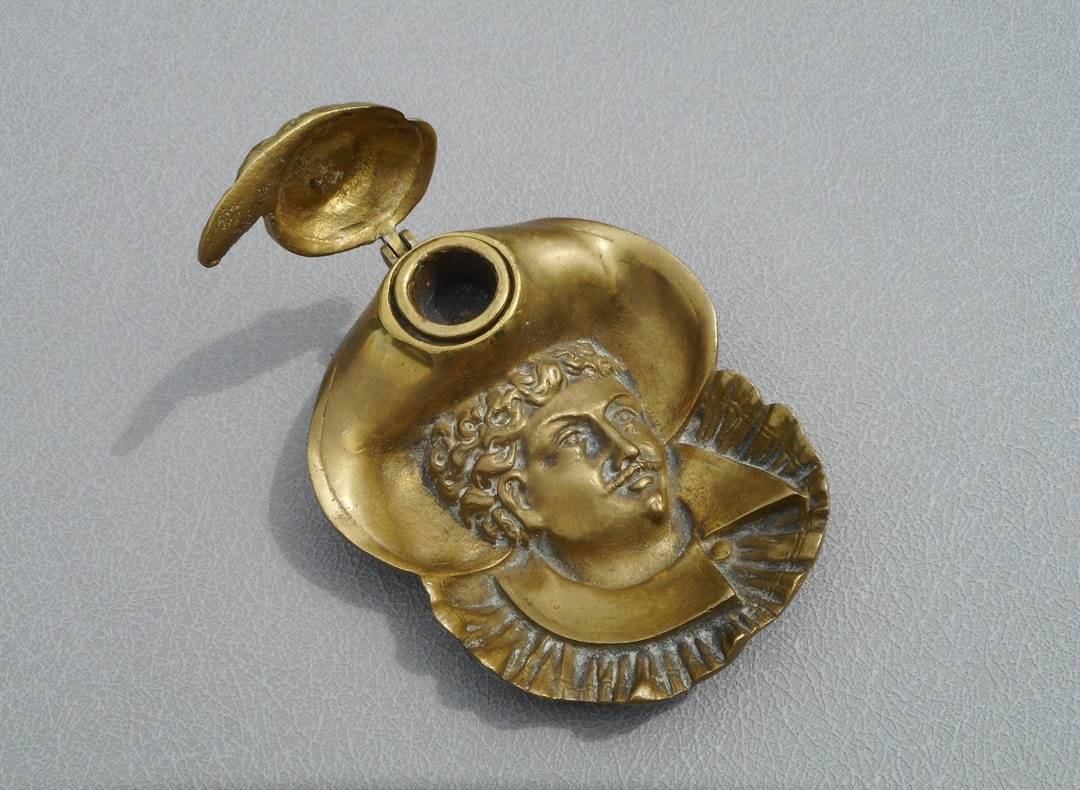 Antique Brass Inkwell in the Shape of Man's Head in the Hat Young ...