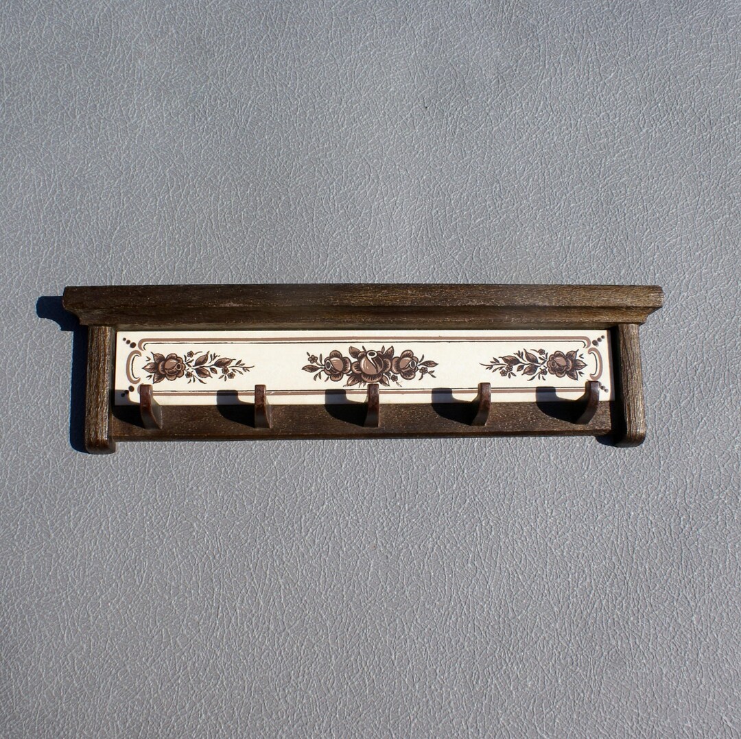 Vintage Kitchen Rack Wall Mount Towel Hanger Cup Rack 5 Pegs Floral ...