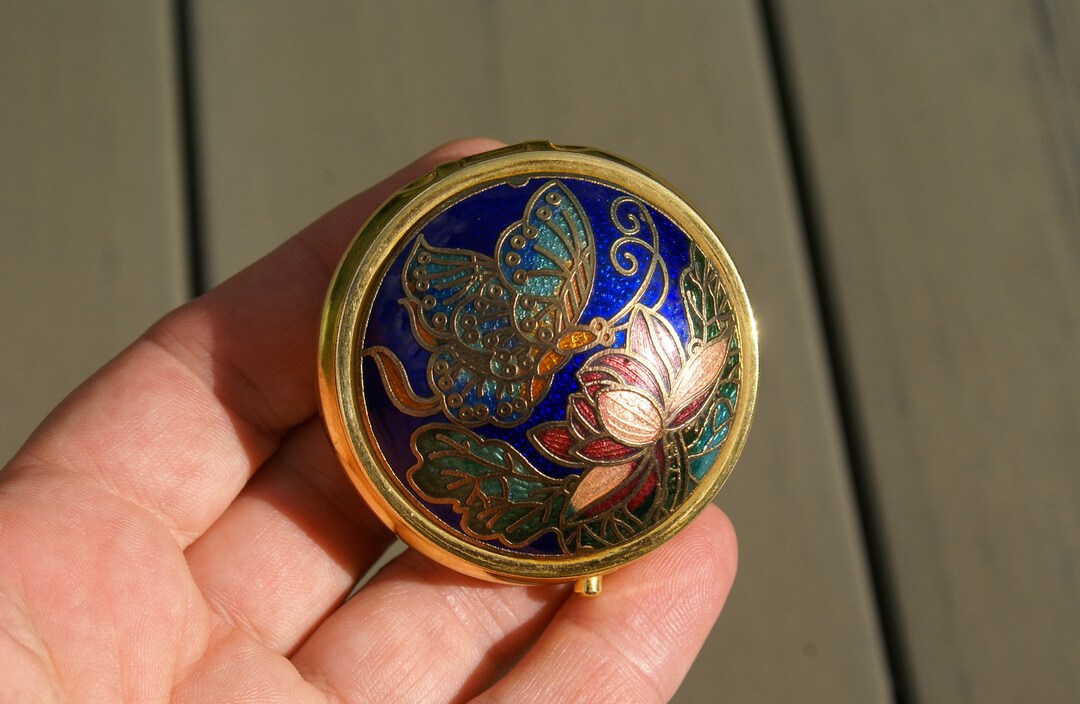 Vintage Cloisonné Pill Container Round Pill Box With Butterfly and ...