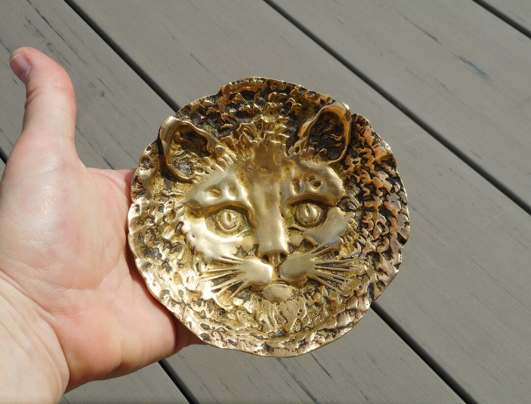Brass Cat Face Dish Vintage Ash Tray Figural Trinket Tray Ring Dish ...