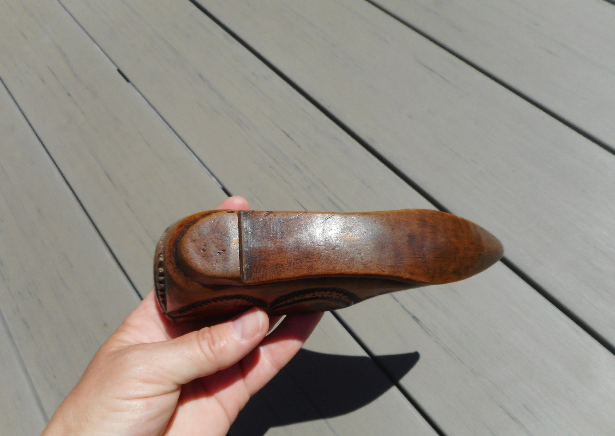 Rare Antique Wooden Shoe Shaped Box Religious Theme Chest Rosary Box ...