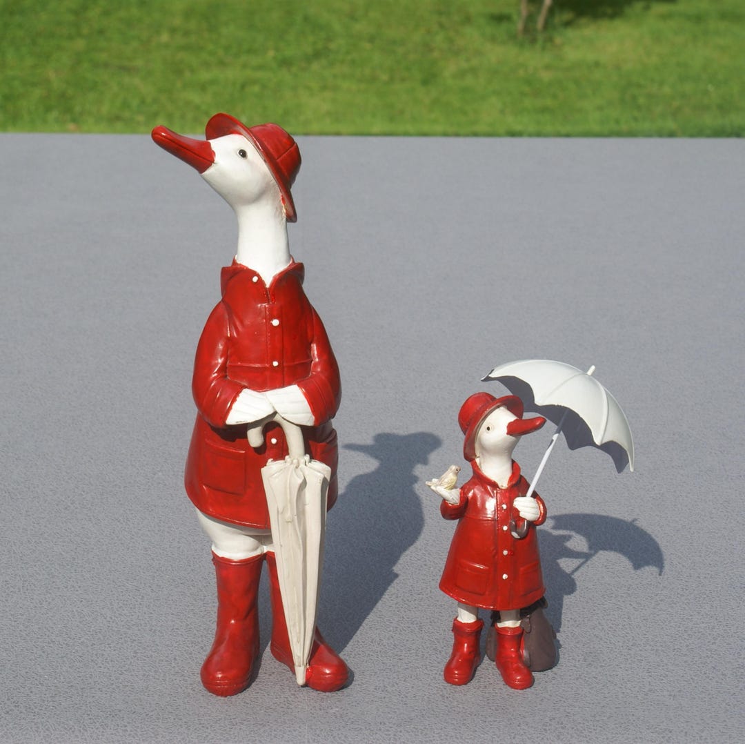 Two Duck With Umbrella Statuettes Vintage Duck and Duckling in Red ...