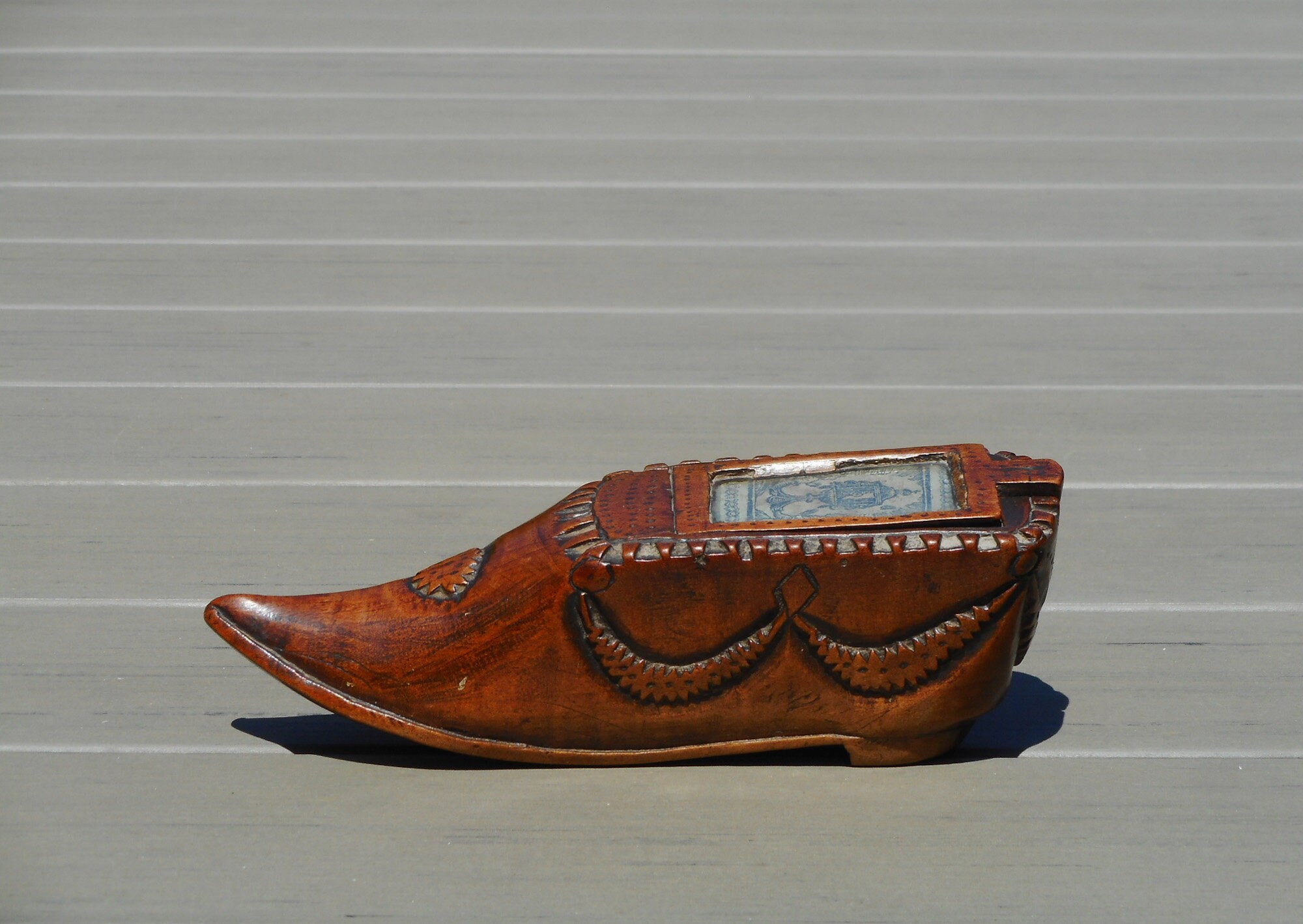 Rare Antique Wooden Shoe Shaped Box Religious Theme Chest Rosary Box ...