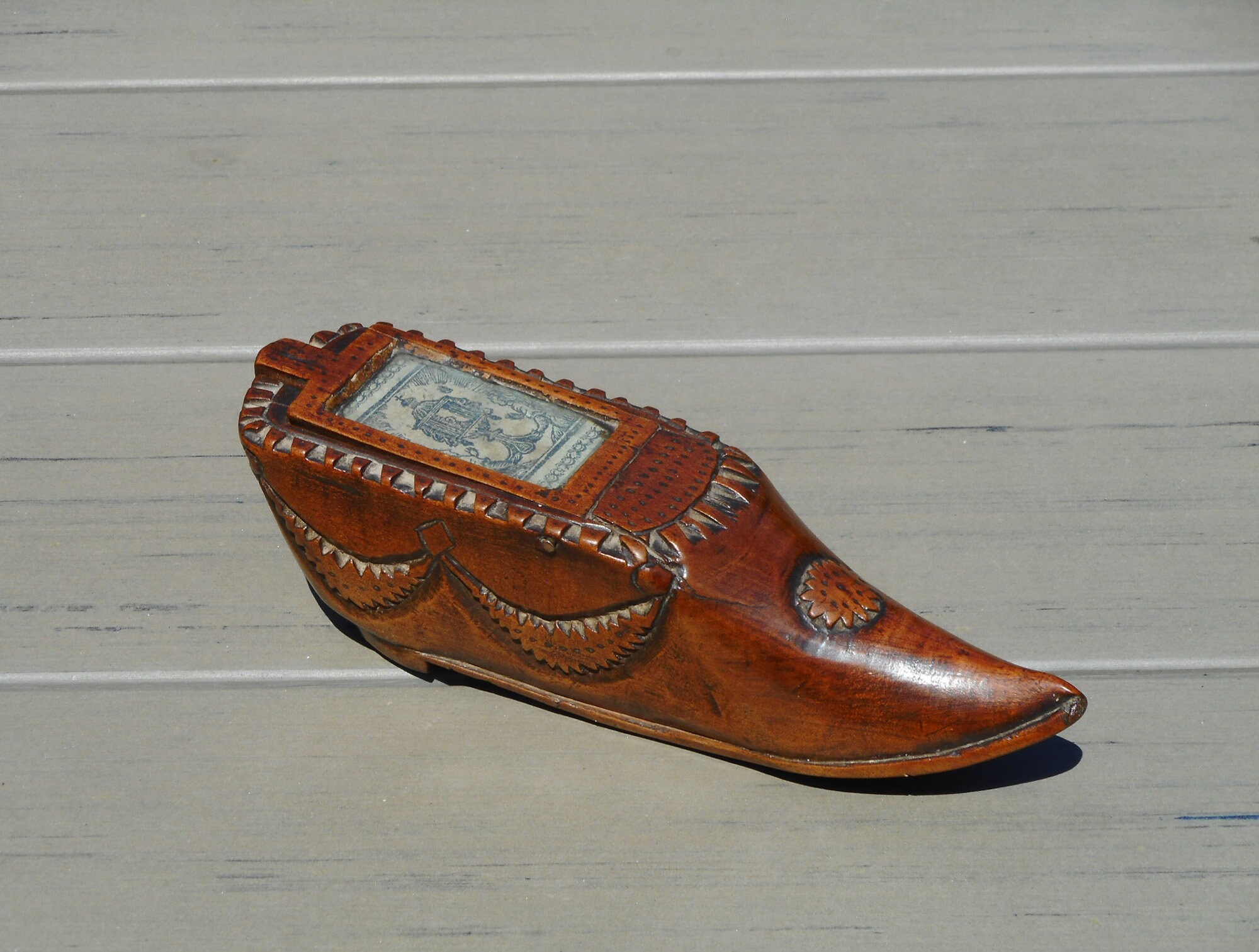 Rare Antique Wooden Shoe Shaped Box Religious Theme Chest Rosary Box ...