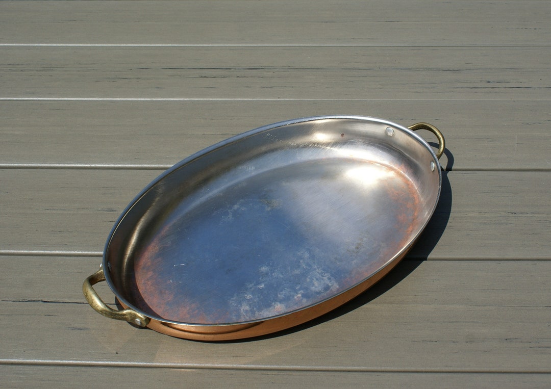 Large Oval Copper Pan With Brass Handles Vintage Casserole Dish Baking ...