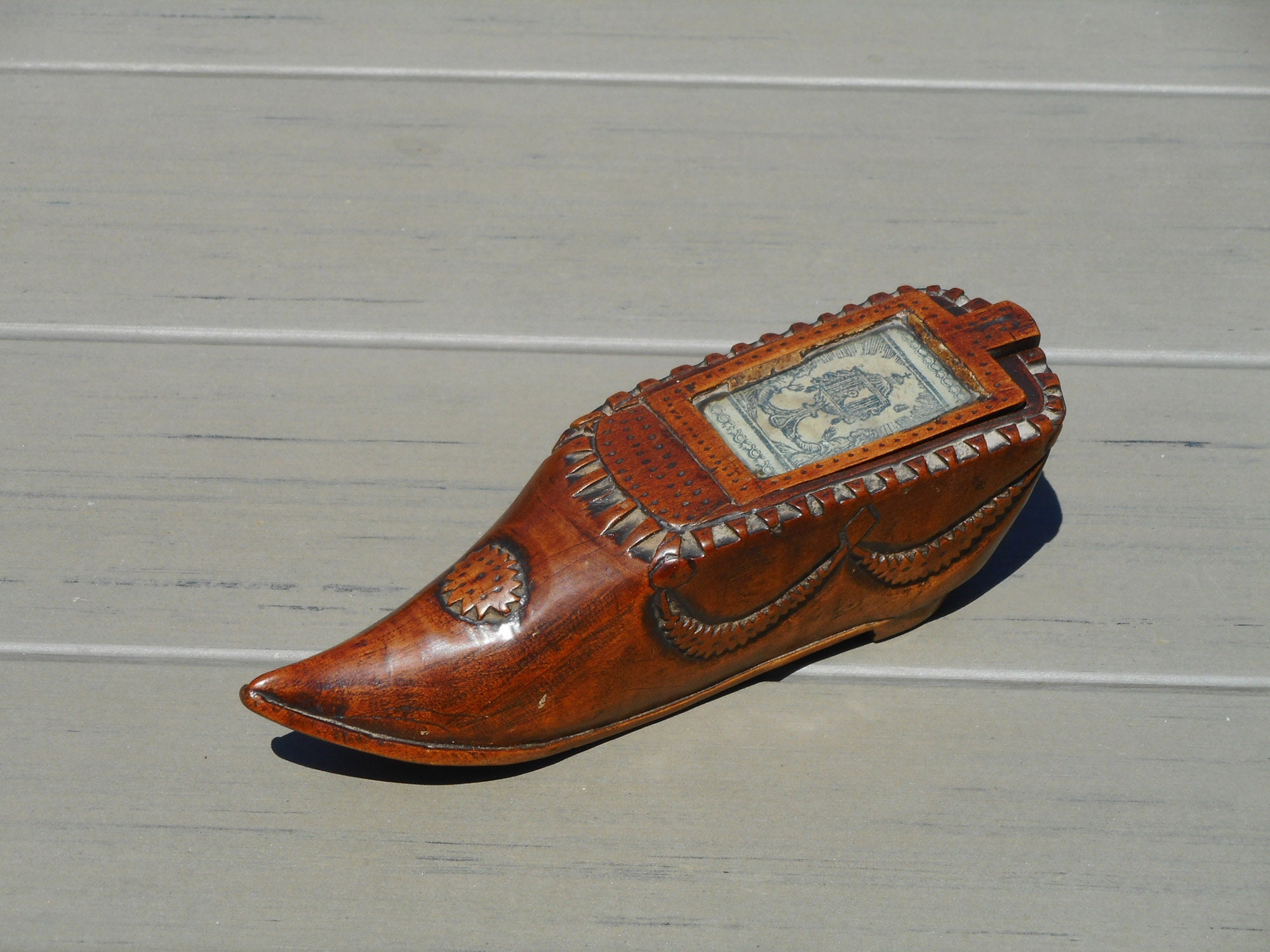 Rare Antique Wooden Shoe Shaped Box Religious Theme Chest Rosary Box ...
