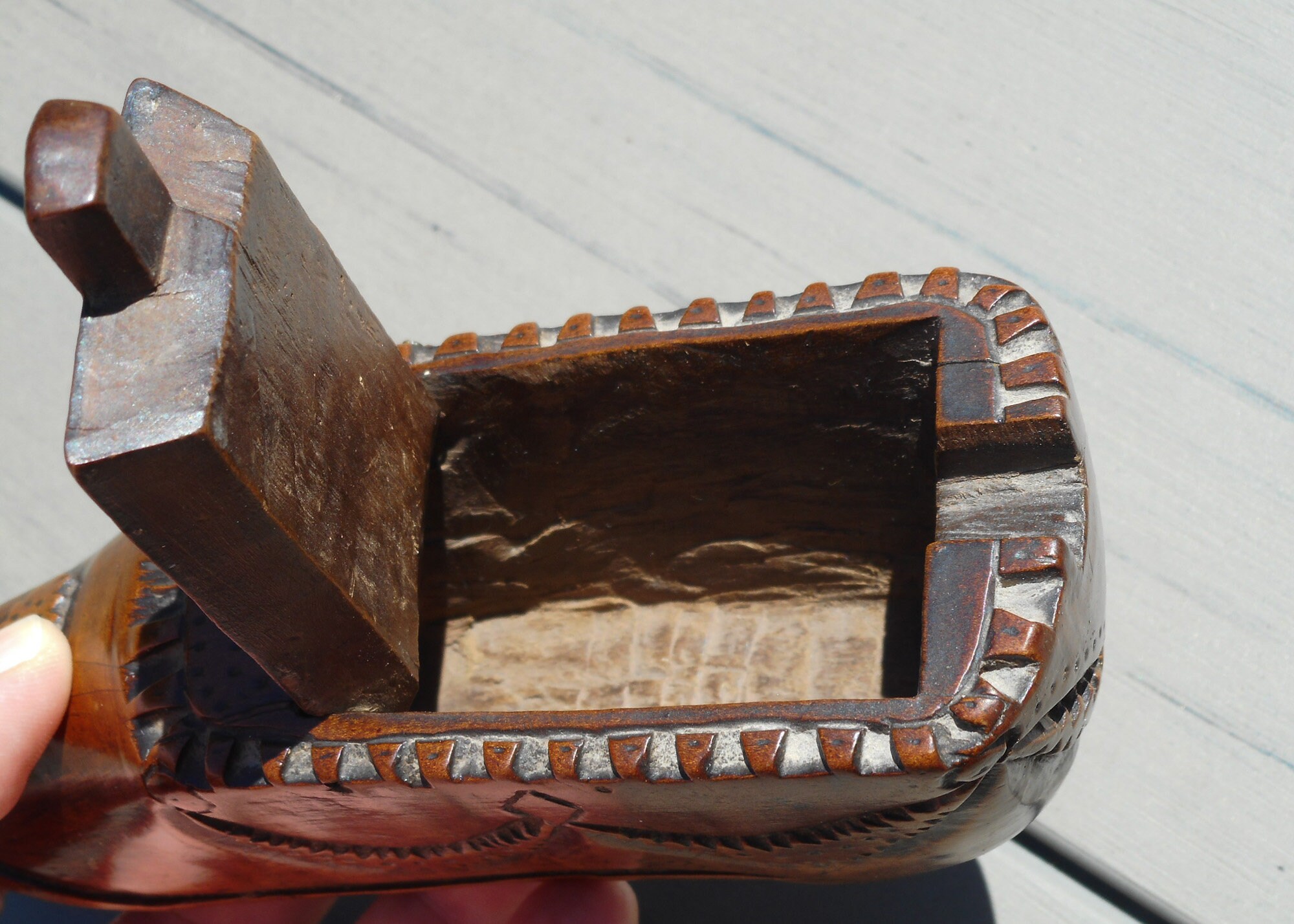 Rare Antique Wooden Shoe Shaped Box Religious Theme Chest Rosary Box ...