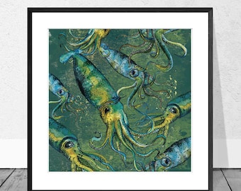 Watercolor Squid, Squid Print, Firefly Squid Print, Fish Art, Seafood ...