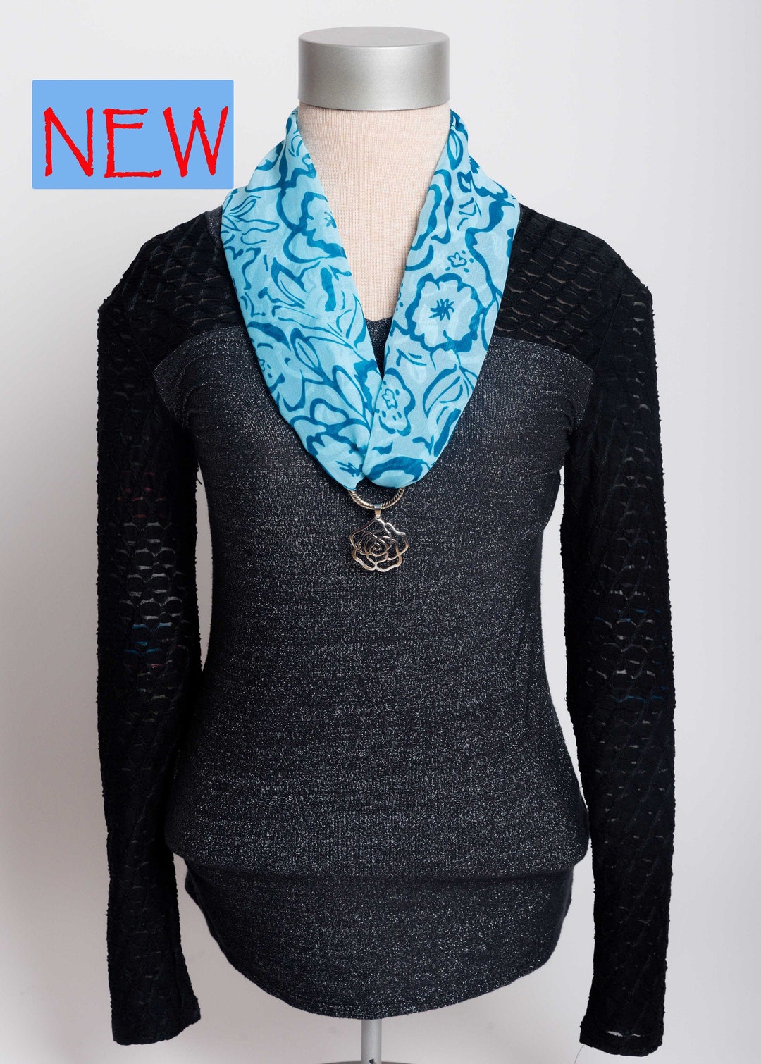 Blue Flower Scarf With Small Rose Pendant - Etsy
