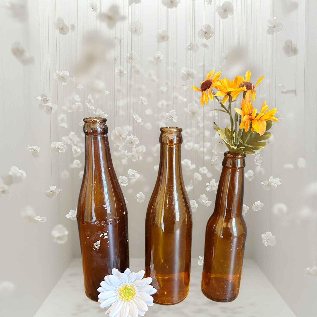 Brown Glass Beer Bottles,set of 3,old Brown Bottles,9" Tall,old Liquor ...