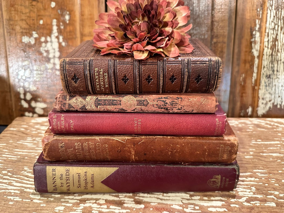 Antique Burgundy Brown Leather Books,set of 5,early 1900s,gold ...