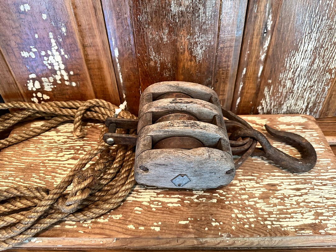 Large Wood Block and Tackle Triple Pulley,14" Cast Iron Hook Nautical ...