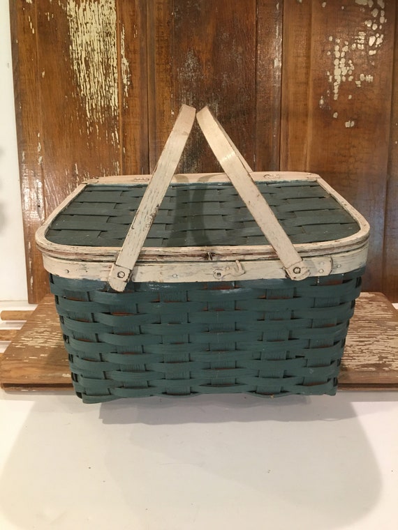 Green White Wicker Picnic Basket Double Handle13x12x7hinged - Etsy
