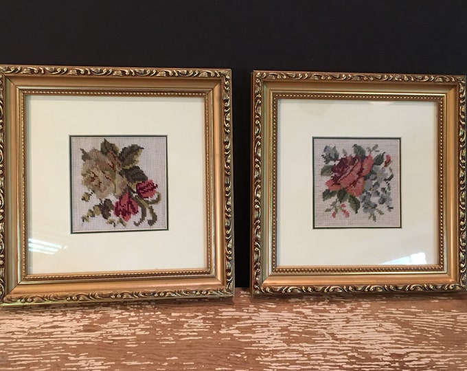 Needlepoint Framed Flowers,set of 2,gold Wood Frame,9x9,floral ...