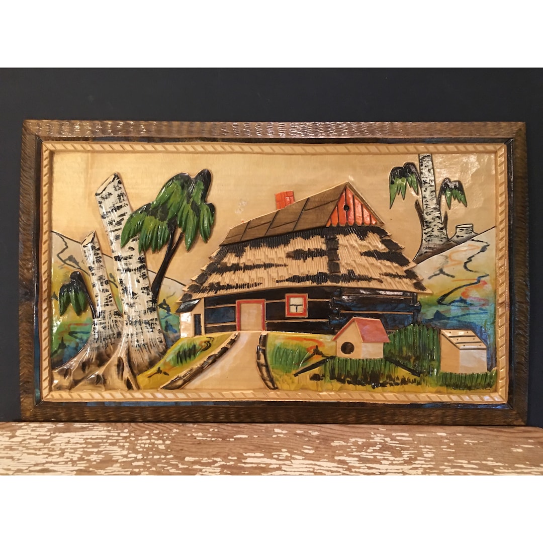 Large Hand Carved Wood 3D Relief Picture,hut,thatched Roof,tropical ...