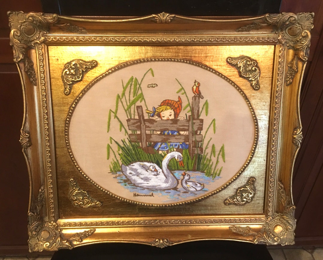 Large Gold Wood Framed Hummel Crewel Embroidery,feathered Friends ...