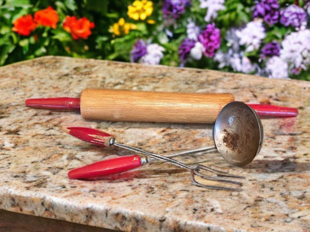 Red Wood Handle Kitchen Utensils,set of 3,rolling Pin,meat Fork,rusty ...
