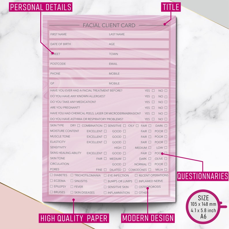 Facial Treatment Client Card / Client Record Card / Treatment ...
