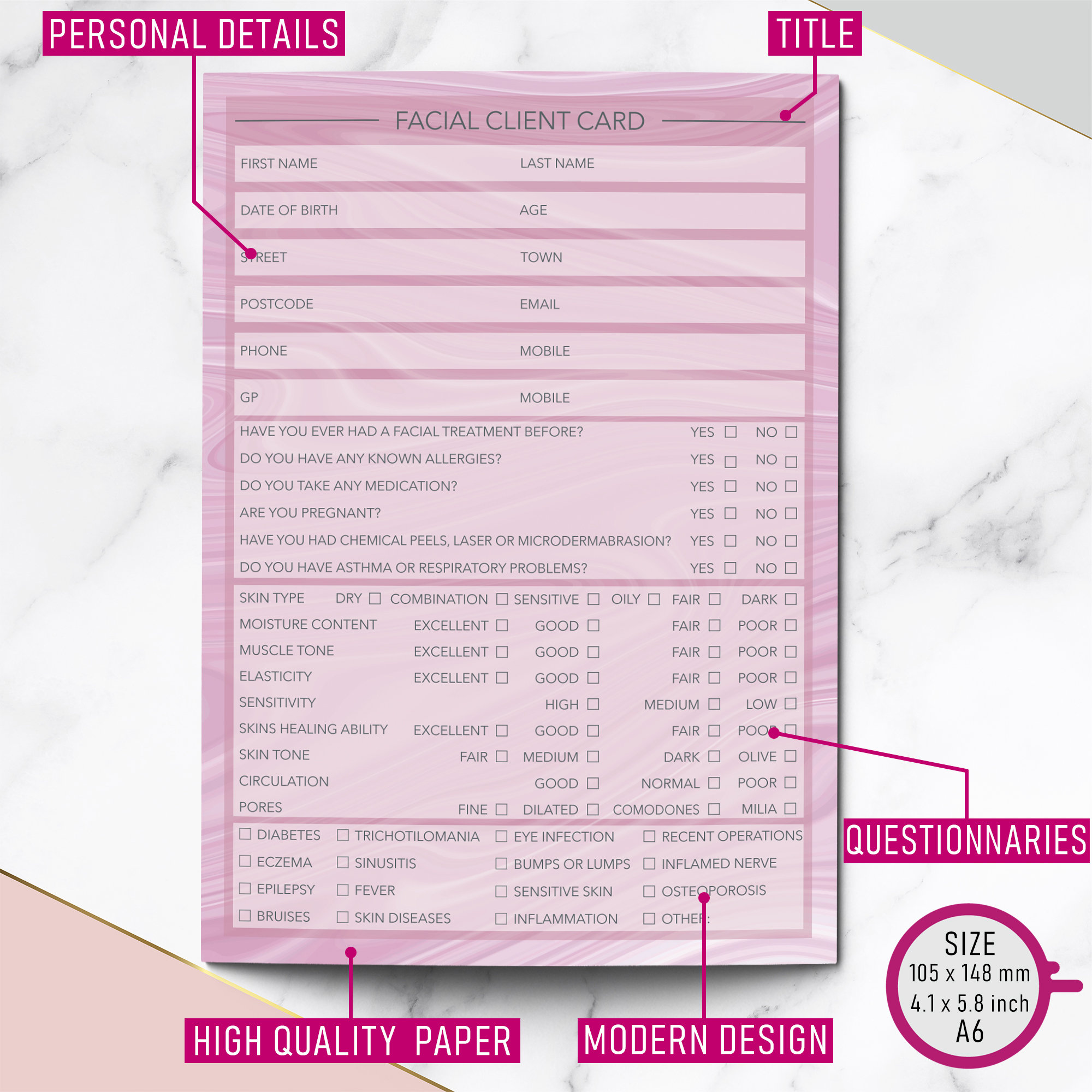 Facial Treatment Client Card / Client Record Card / Treatment ...