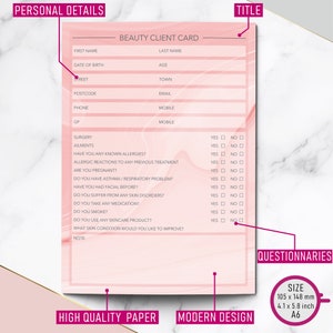 Beauty Client Card / Client Record Card / Treatment Consultation Card ...
