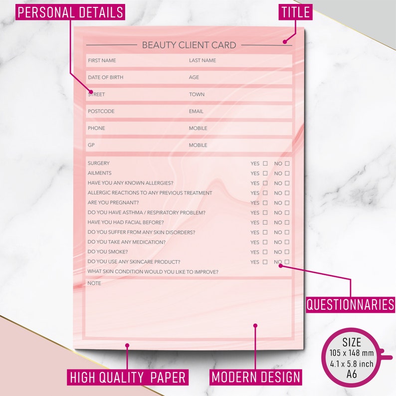 Beauty Client Card / Client Record Card / Treatment Consultation Card ...