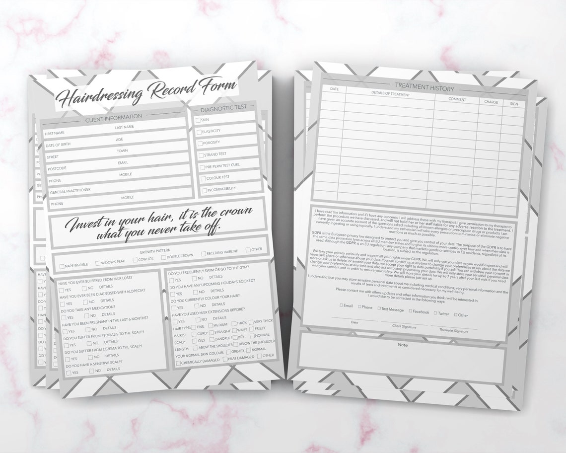 Hairdressing Client Record Form Consultation Treatment Salon Stationery ...