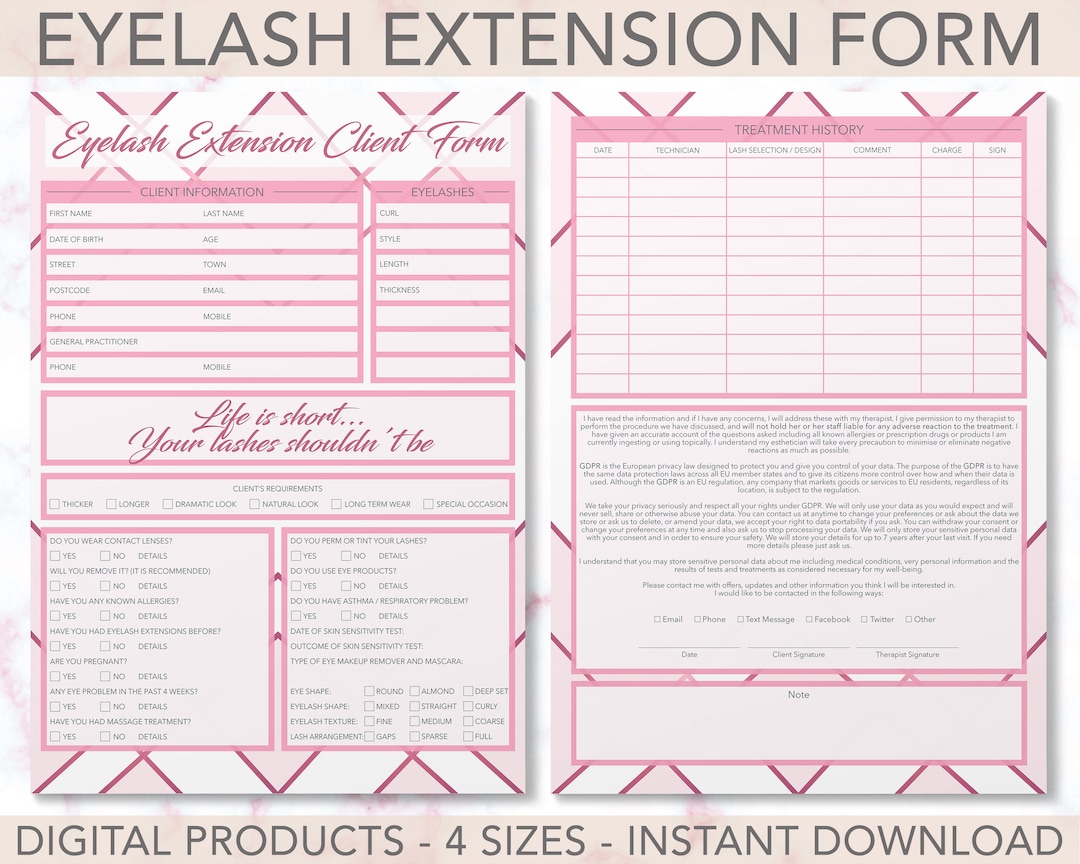 Eyelash Extension Client Record Form Consultation Treatment Salon ...