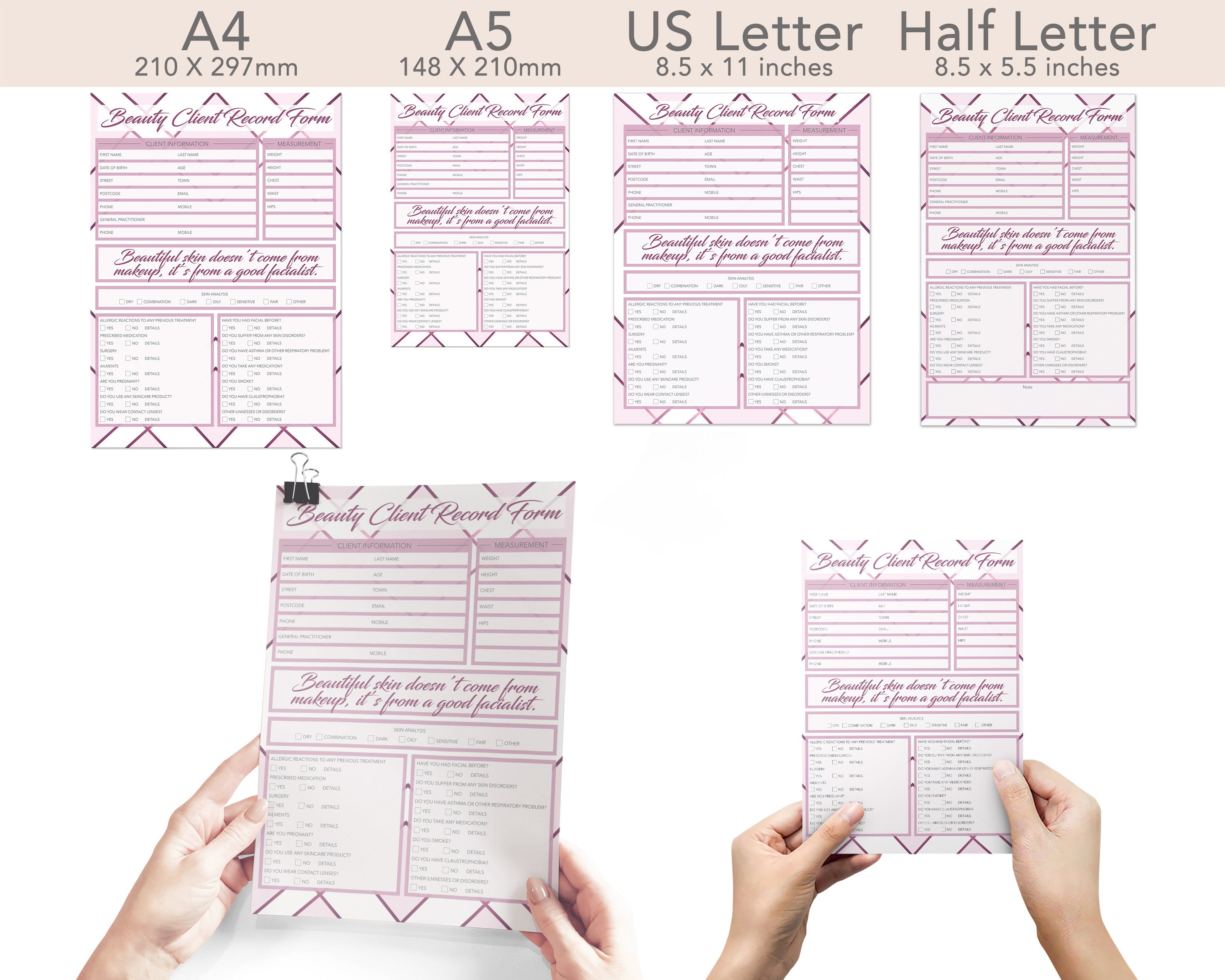 Beauty Client Record Form Consultation Treatment Salon Stationery ...