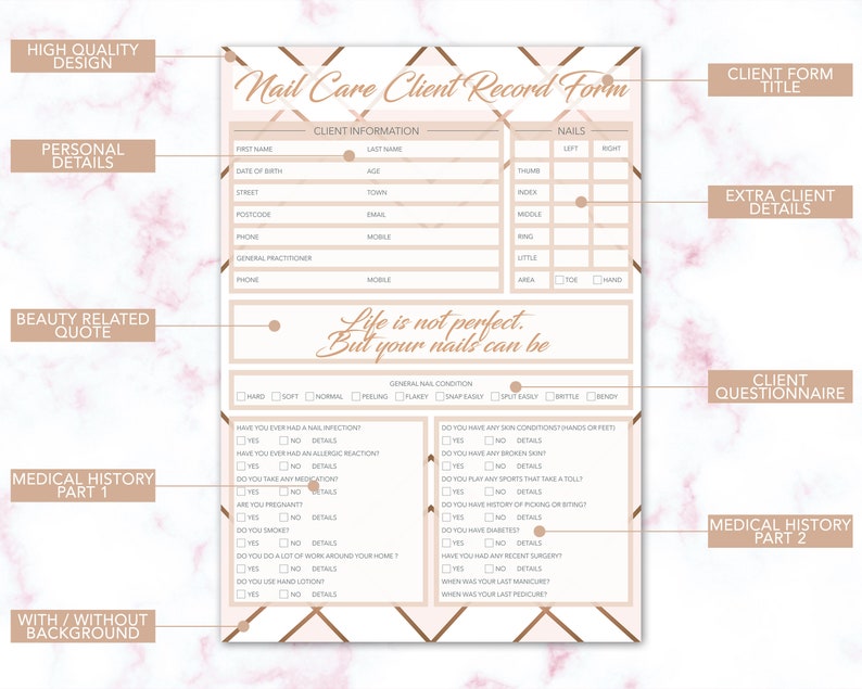 Nail Care Client Record Form Consultation Treatment Salon Stationery ...