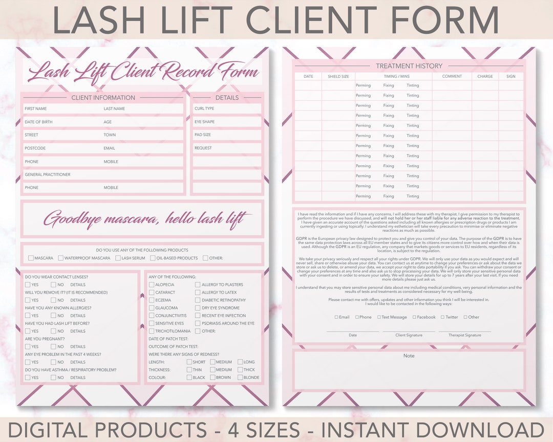 Lash Lift Client Record Form Consultation Treatment Salon Stationery ...
