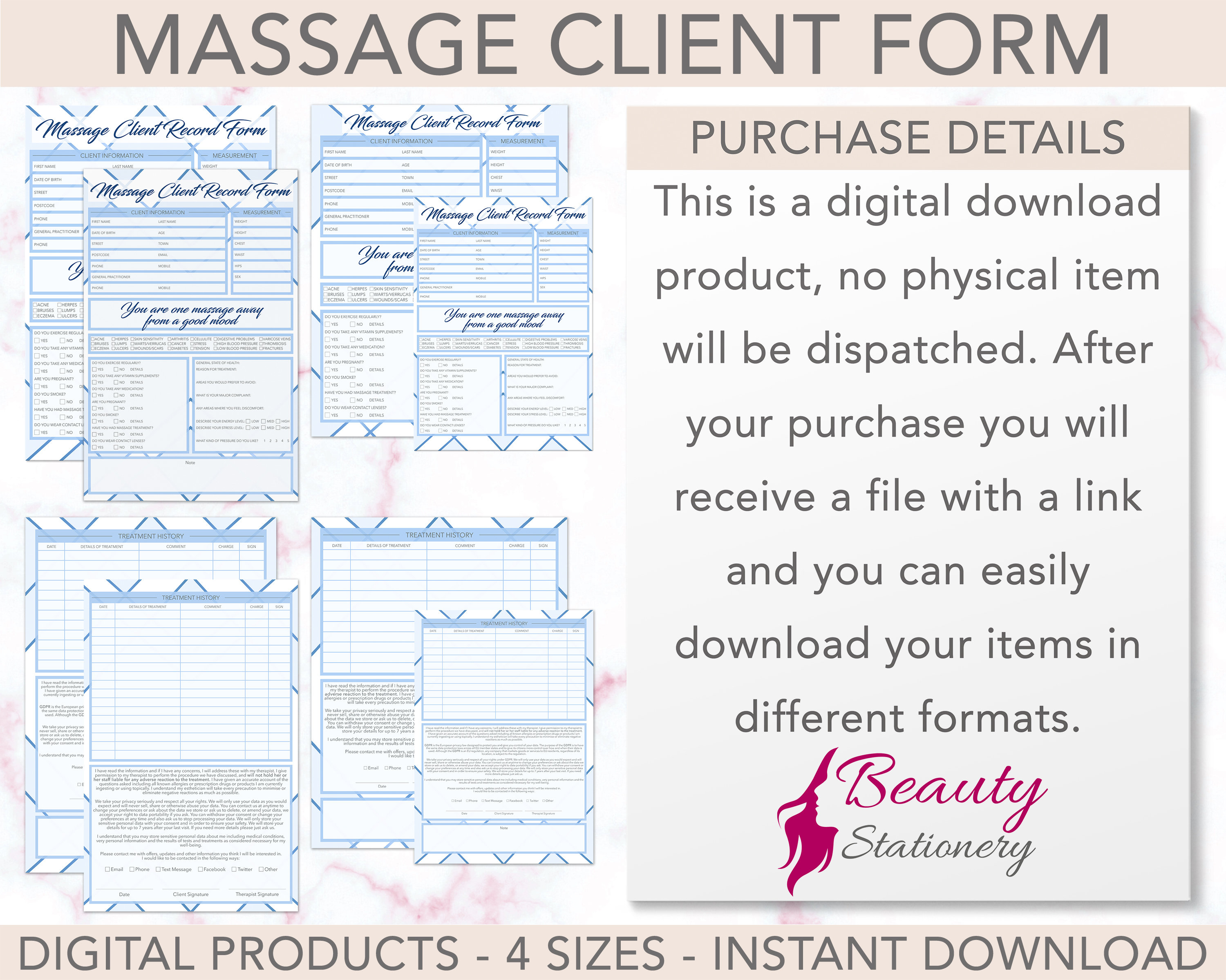 Massage Client Record Form Consultation Treatment Salon Stationery ...