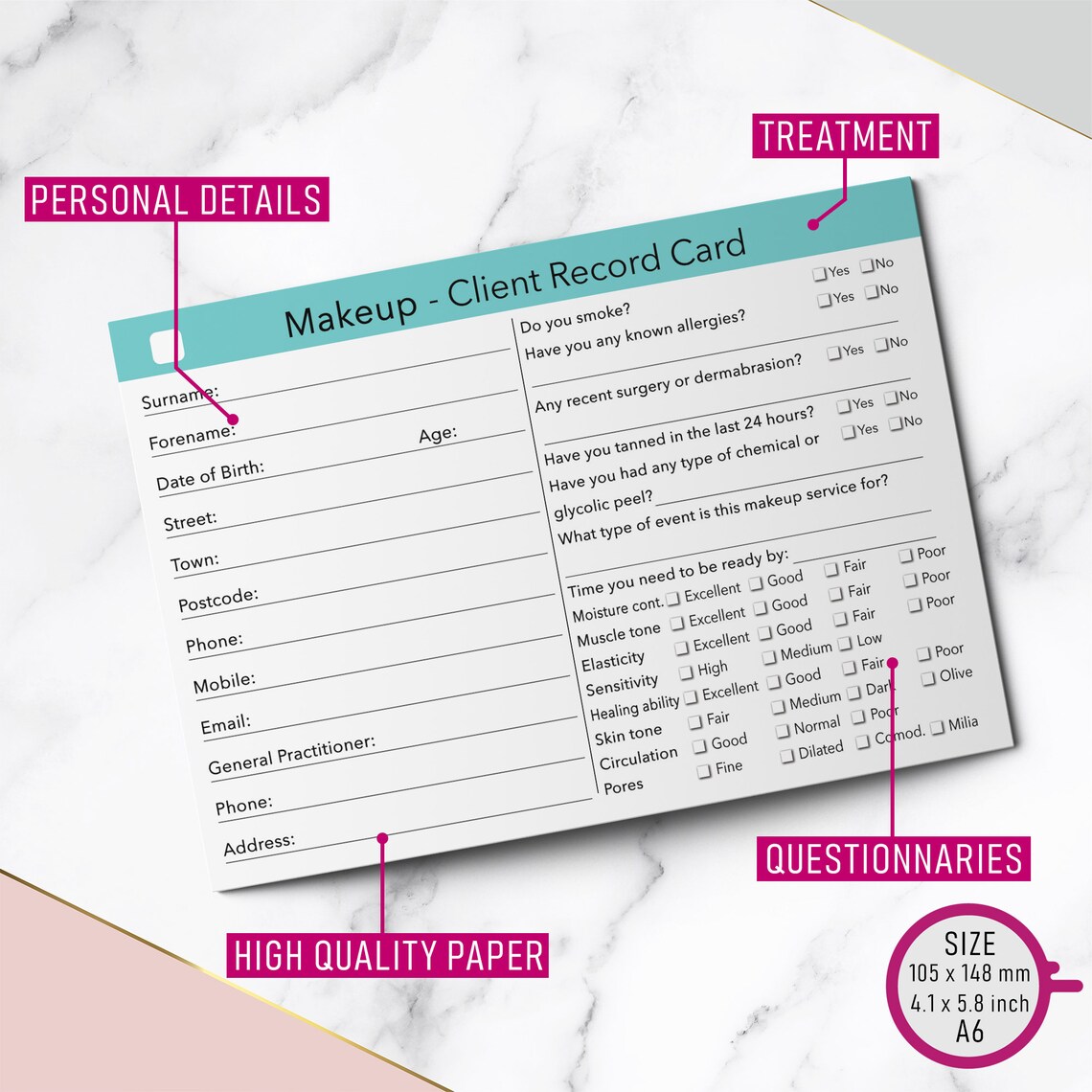 Makeup Client Card / Client Record Card / Treatment Consultation Card ...
