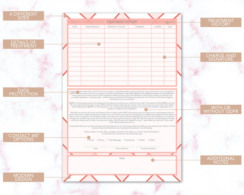 Spray Tan Client Record Form Consultation Treatment Salon Stationery ...