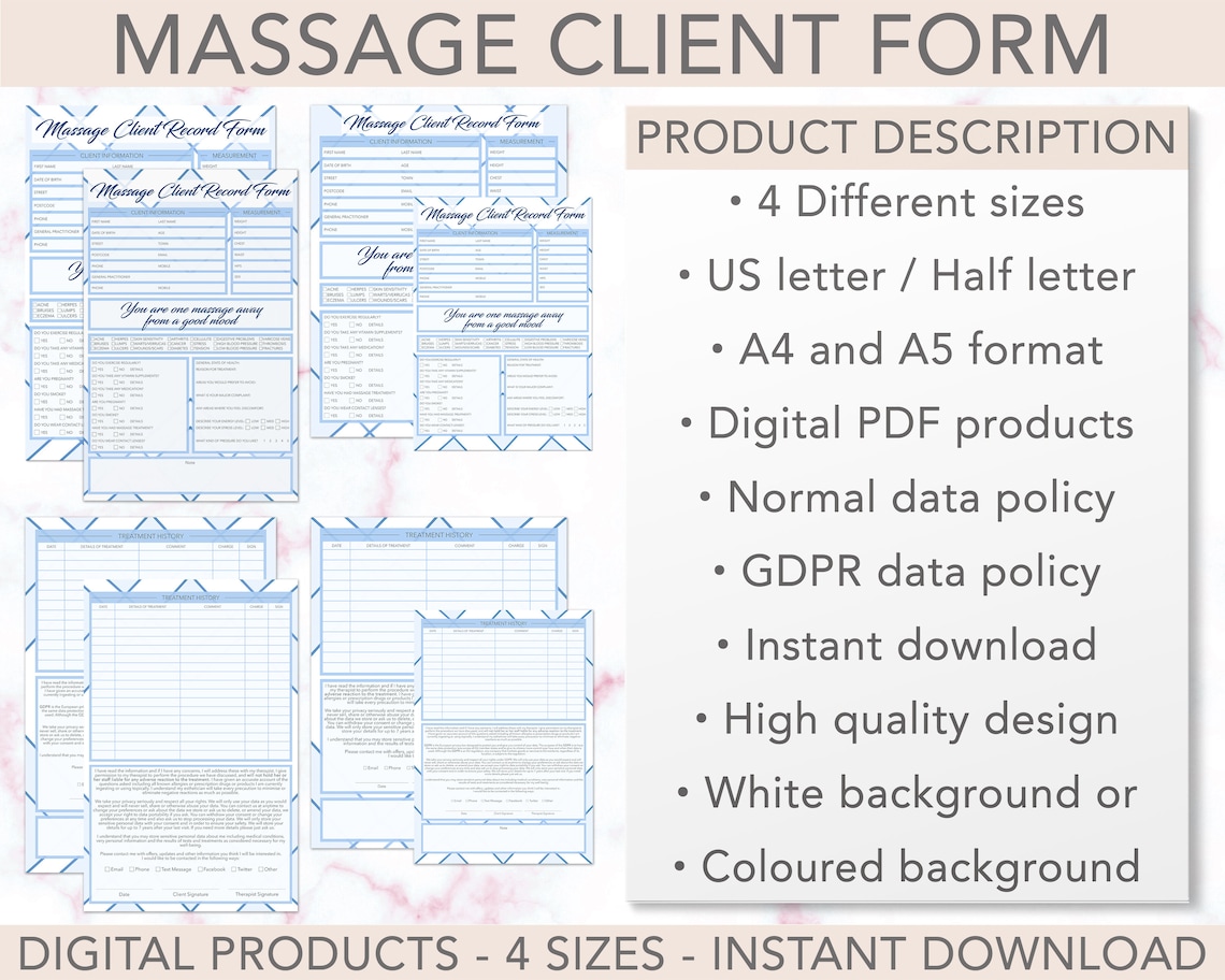 Massage Client Record Form Consultation Treatment Salon Stationery ...