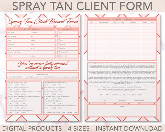 Spray Tan Client Record Form Consultation Treatment Salon | Etsy UK