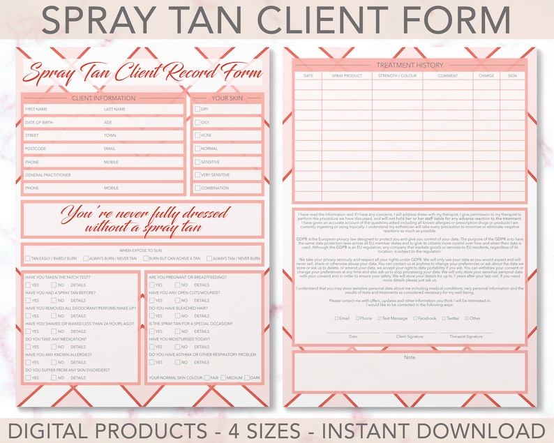 Spray Tan Client Record Form Consultation Treatment Salon - Etsy