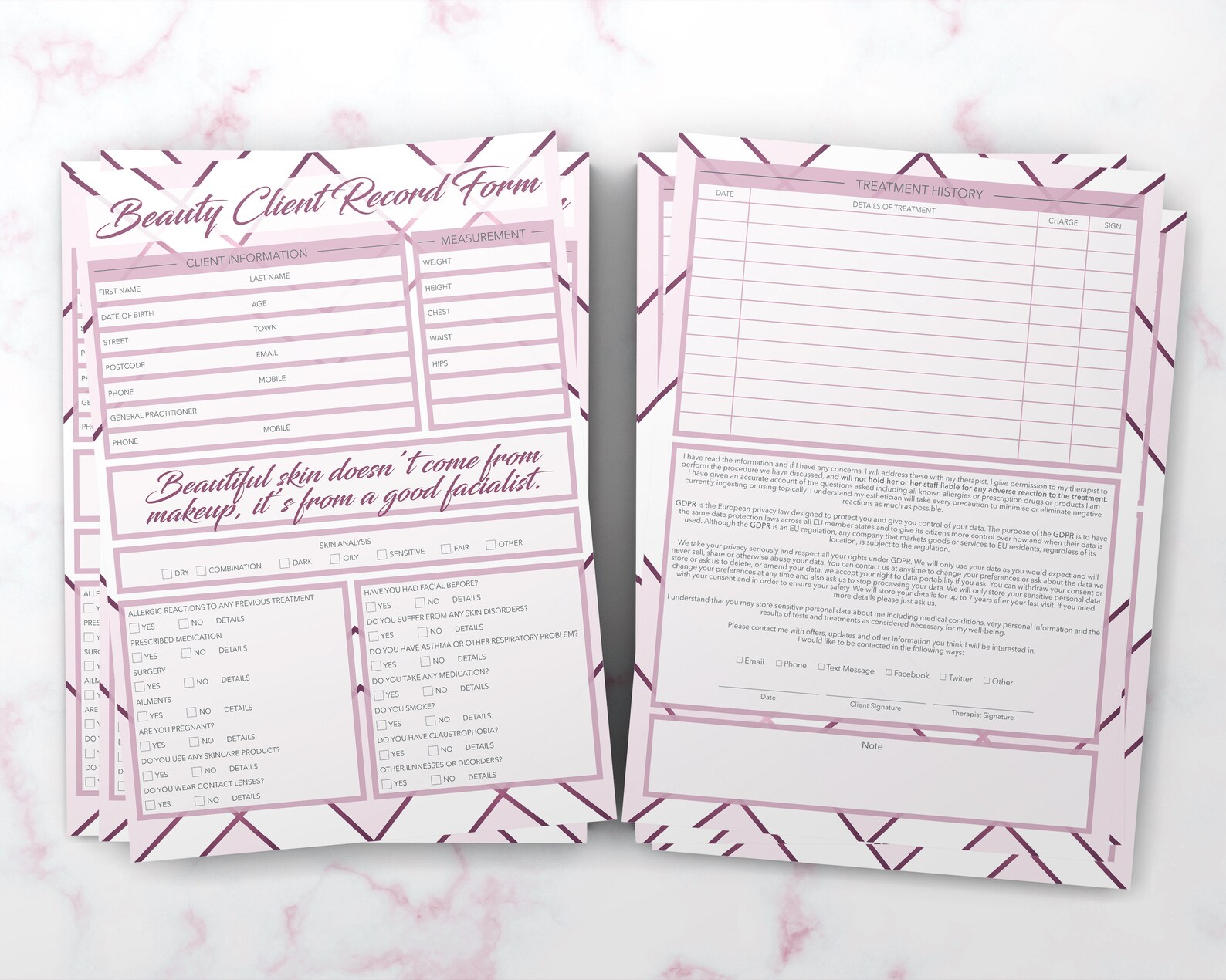 Beauty Client Record Form Consultation Treatment Salon Stationery ...